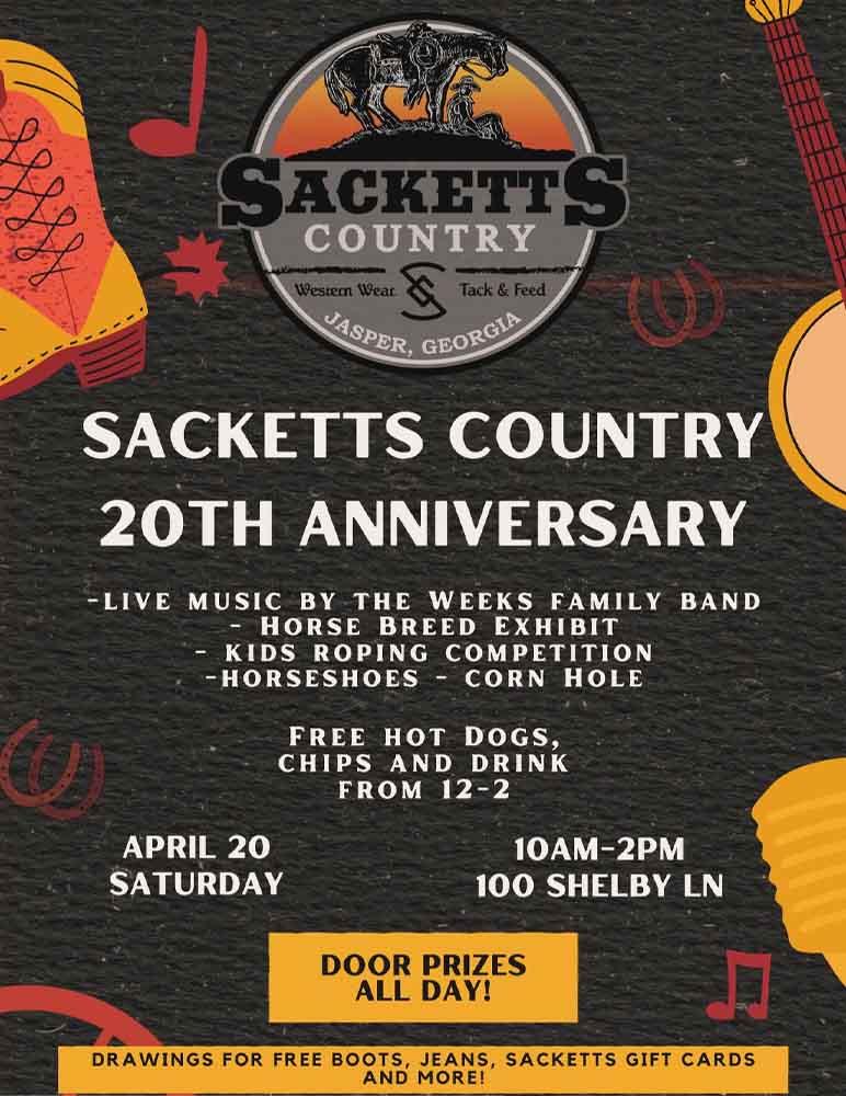 Sacketts Country 20th Anniversary on April 20, 2024 10:00 AM