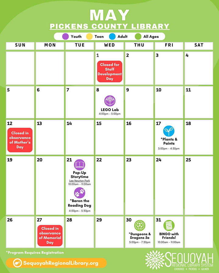 Happening in May at the Pickens Library - Pickens County Georgia News